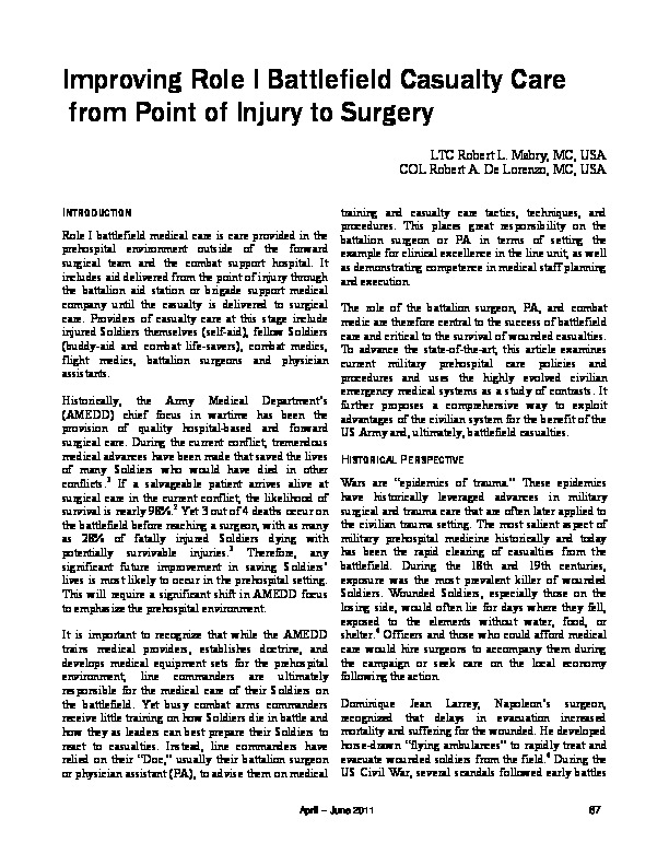 Improving Role I Battlefield Casualty Care from Point of Injury to Surgery