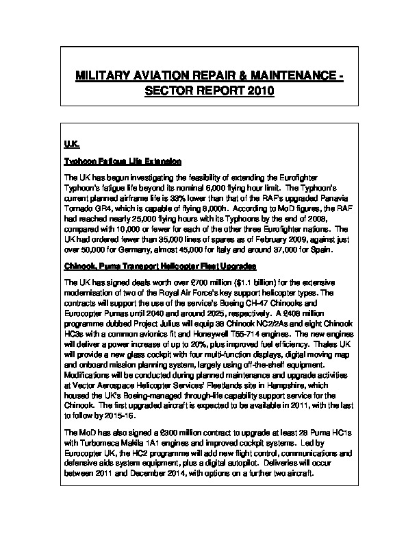 Military Aviation Repair and Maintenance Sector Report 2010
