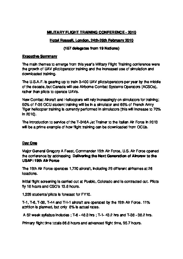 Military Flight Training Conference Report
