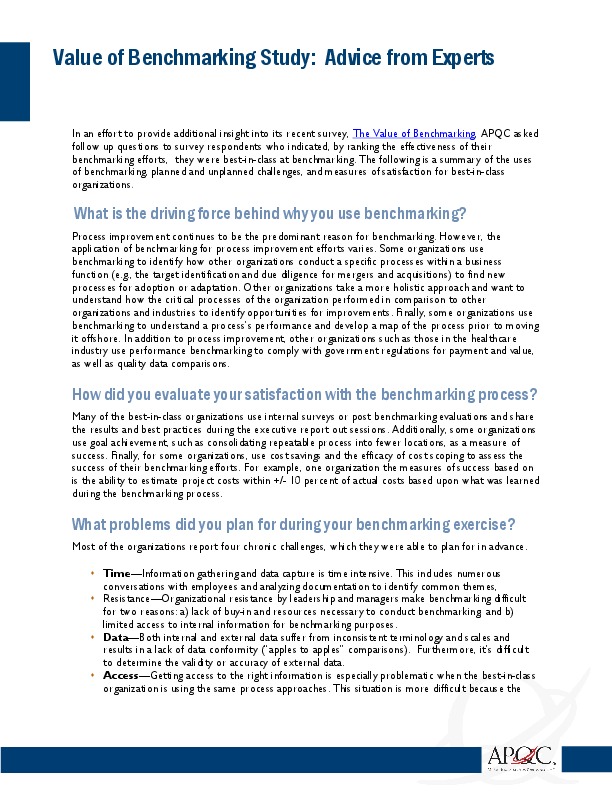 Value of Benchmarking Study: Advice from Experts