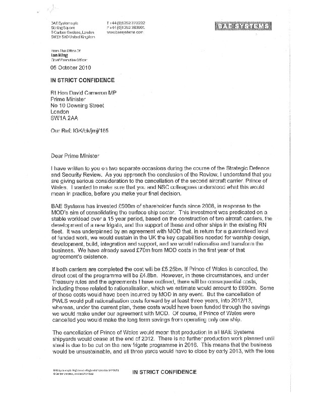 BAE letter threatens PM Cameron over carrier axing
