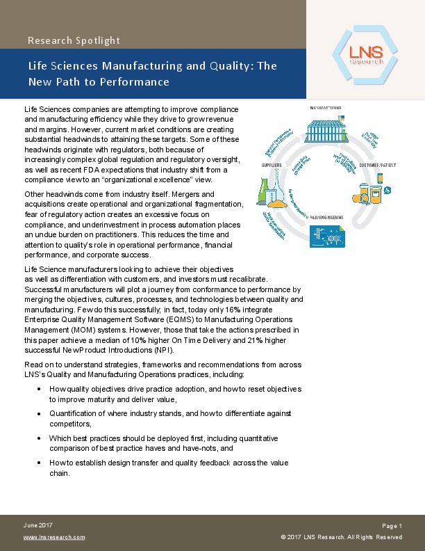 Life Sciences Manufacturing and Quality: The New Path to Performance
